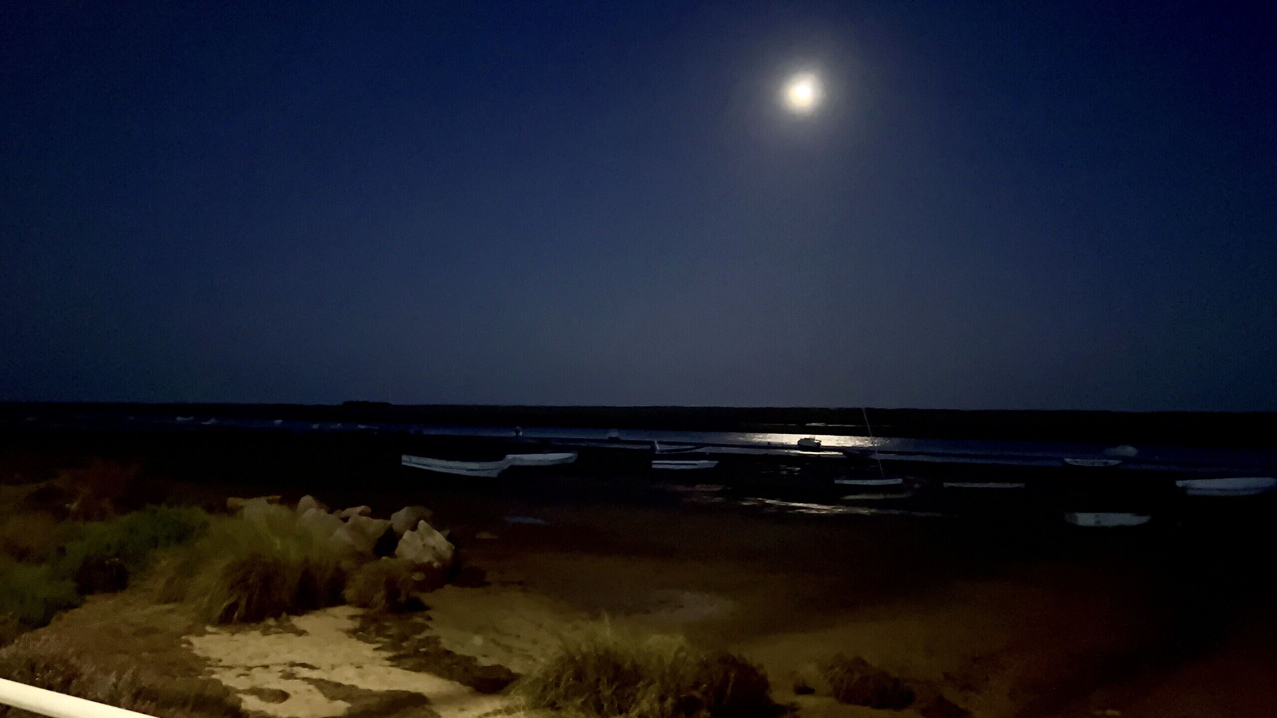 Cena noturna da praia com barcos e uma lua.