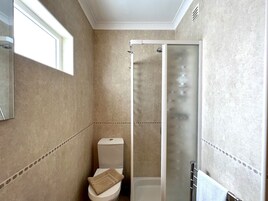 Casa de banho com sanita, chuveiro com porta de vidro e suporte para toalhas.