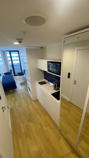 Estúdio Superior, várias camas, não fumadores, vista parcial para o mar | Cozinha privada | Um frigorífico/congelador grande, um micro-ondas, uma placa de cozinha 