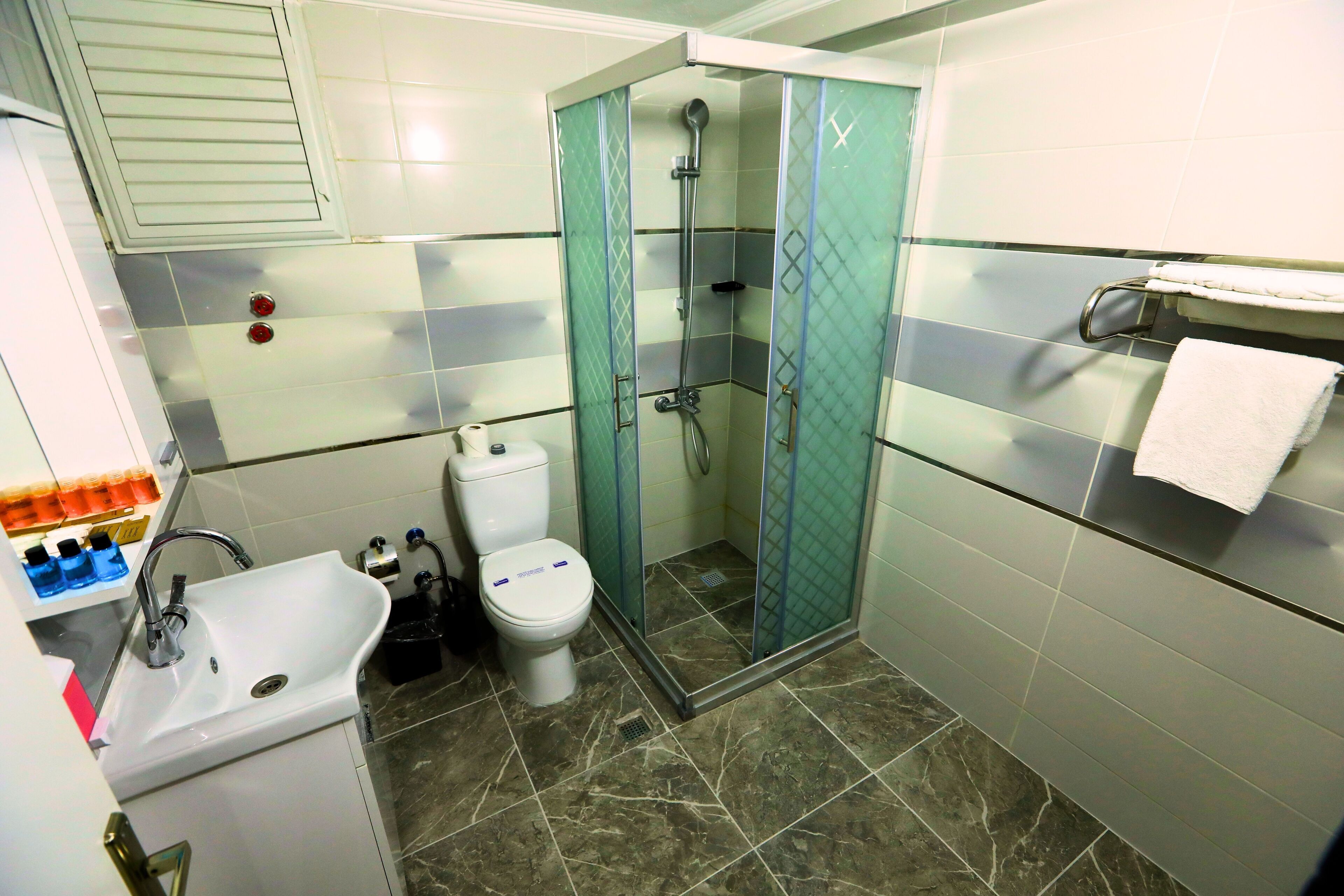 Casa de banho com chuveiro, sanita, lavatório e porta-toalhas.