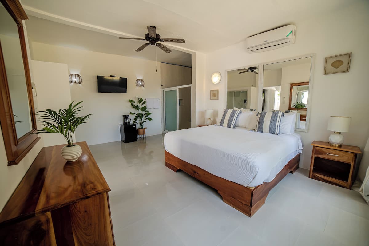 Quarto com cama grande, ventoinha no teto, ar condicionado, televisão e espelho.