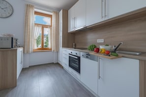 Apartamento Familiar, 2 quartos, junto à montanha (Villa Roma Portorose - 2 Terrace) | Cozinha privada | Um frigorífico, um micro-ondas, um forno, uma placa de cozinha