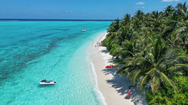 Uma praia com águas turquesa cristalinas, um barco e uma fileira de palmeiras.