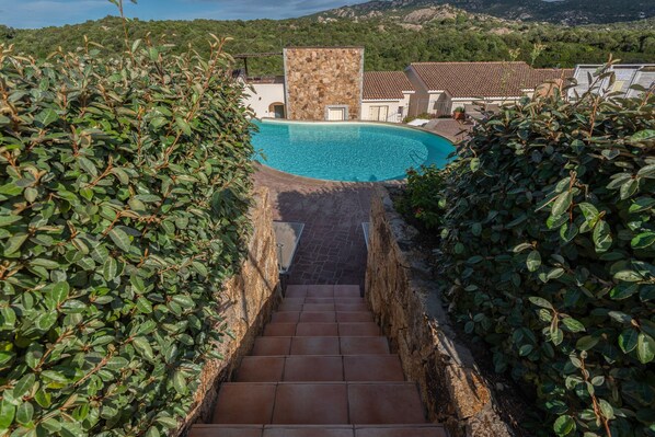 Uma área de piscina com um caminho de pedra que leva a uma piscina rodeada por vegetação exuberante.