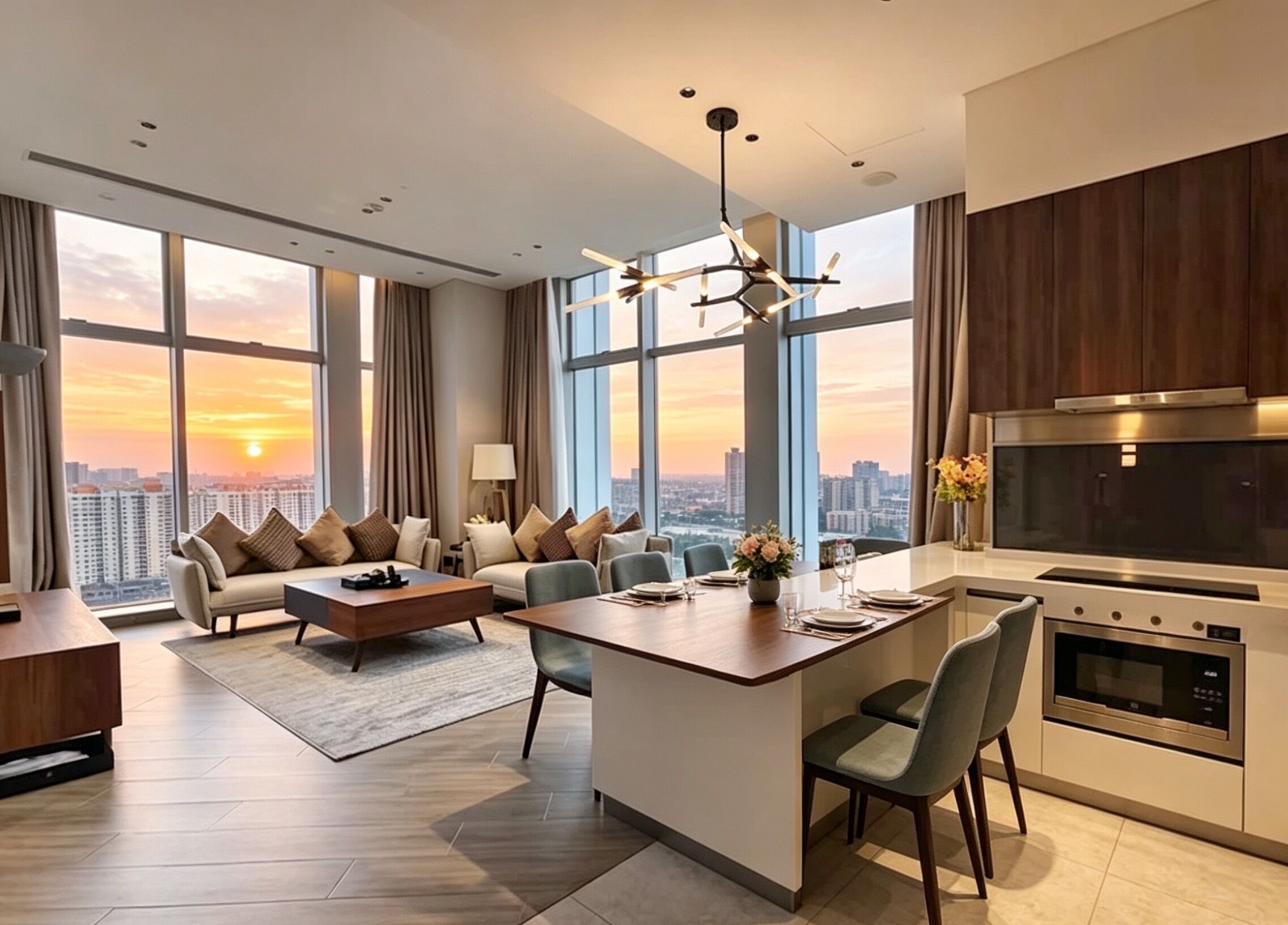 Quarto de hotel moderno com uma janela grande, área de refeições, cozinha e espaço de estar com vista para a cidade.