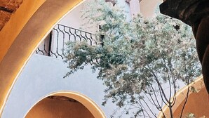 Pátio interior com arcos, uma árvore e uma varanda.