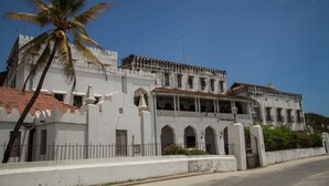 Um edifício histórico com fachada branca, várias arcadas e uma palmeira em primeiro plano.