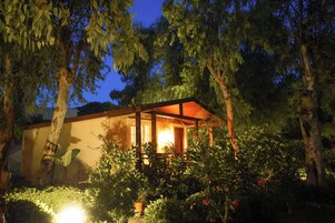Uma casa com varanda de madeira, rodeada por vegetação exuberante e árvores.