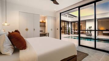 Villa Deluxe, 3 quartos, piscina privativa, vista para a piscina | 3 quartos, roupa de alta qualidade, secretária