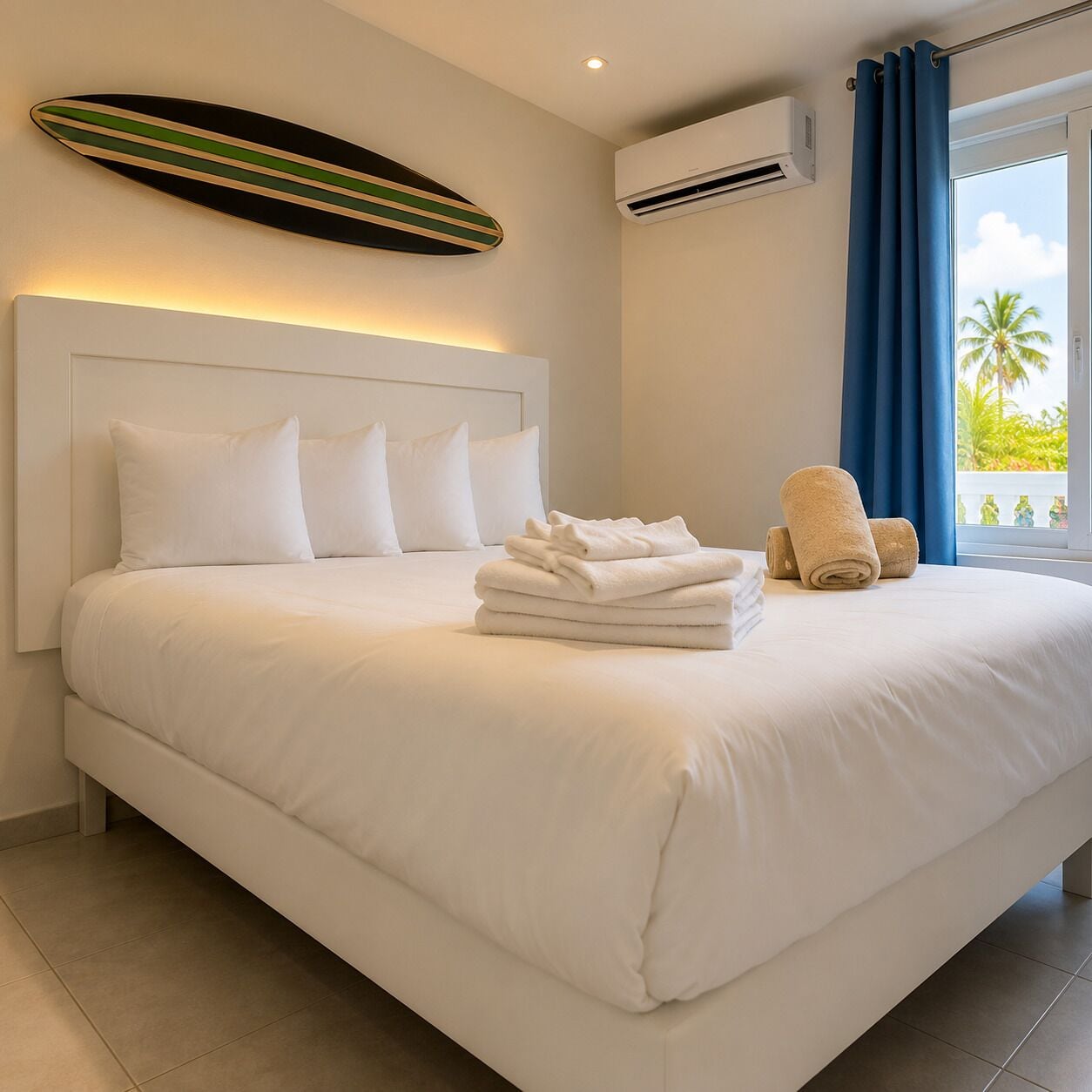 Quarto de hotel com uma cama grande, roupa de cama branca, decoração com prancha de surf, ar condicionado e vista para palmeiras pela janela.