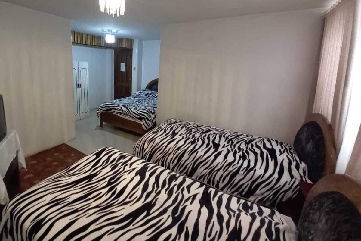Quarto com duas camas, luminária no teto, guarda-roupa e uma porta.