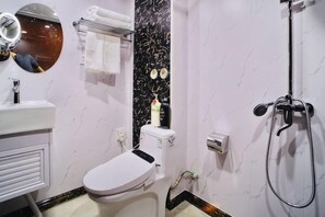 Casa de banho com sanita, lavatório, espelho, porta-toalhas e chuveiro.