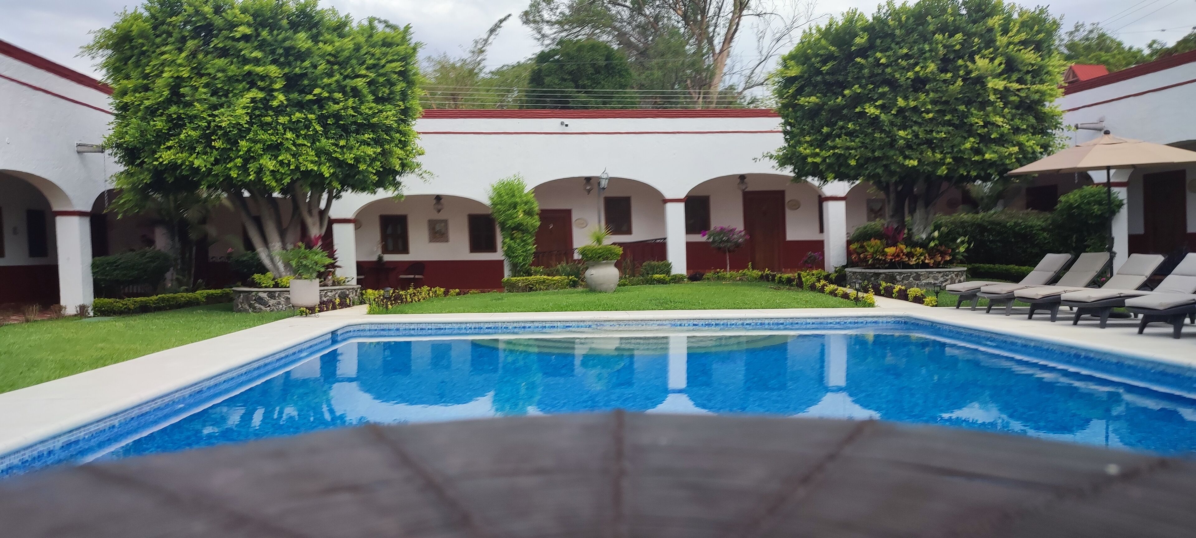 Piscina com espreguiçadeiras e área de estar coberta, rodeada por um jardim com árvores e arbustos.