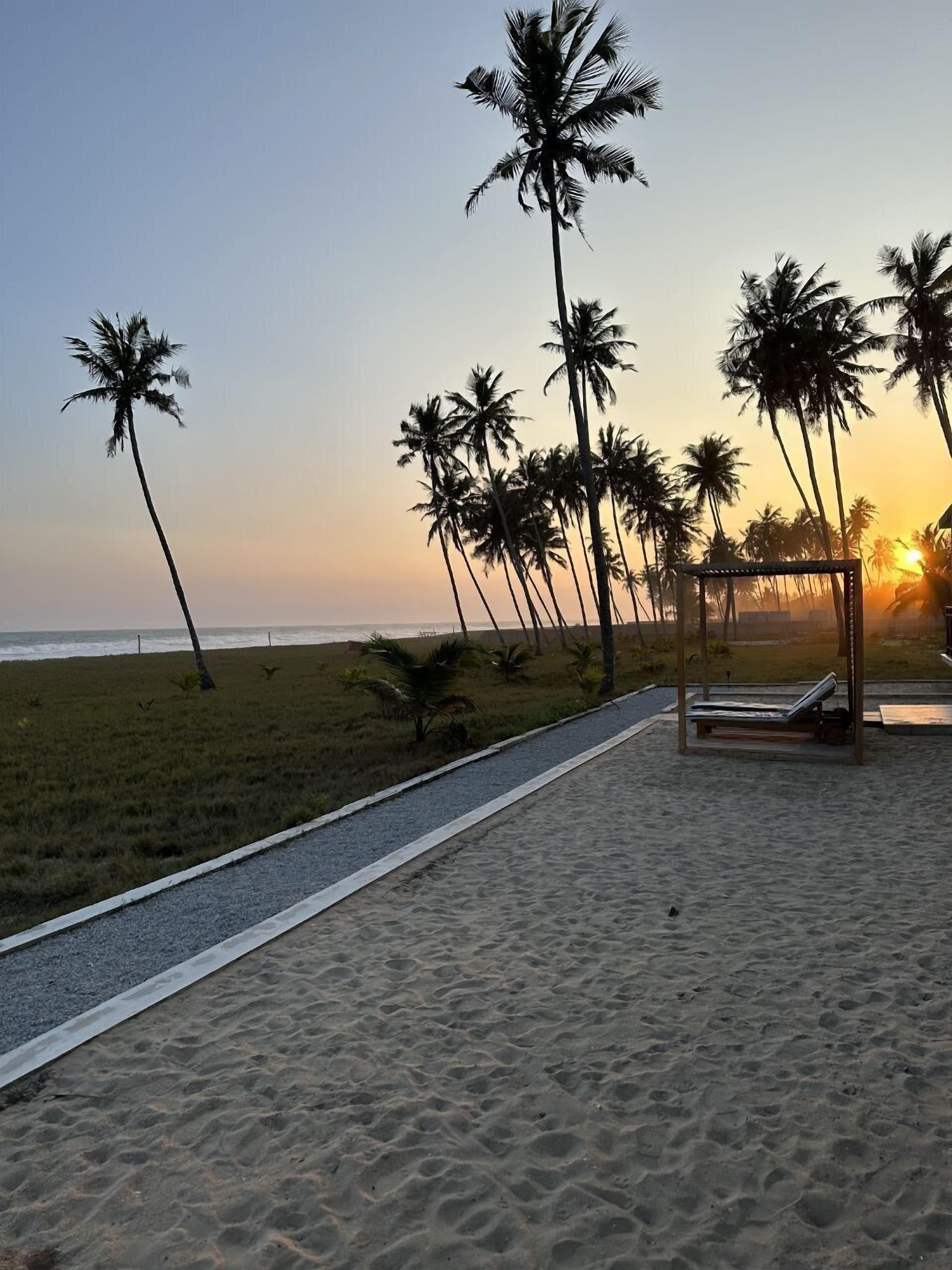 Uma praia com um caminho que leva a um gazebo com um banco. Palmeiras margeiam a praia, e o sol se põe ao fundo.
