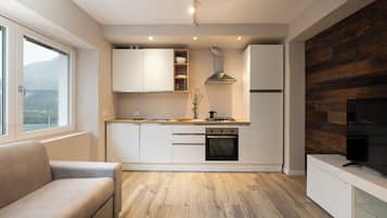 Apartamento Standard | Cozinha privada | Um frigorífico/congelador grande, um micro-ondas, um forno