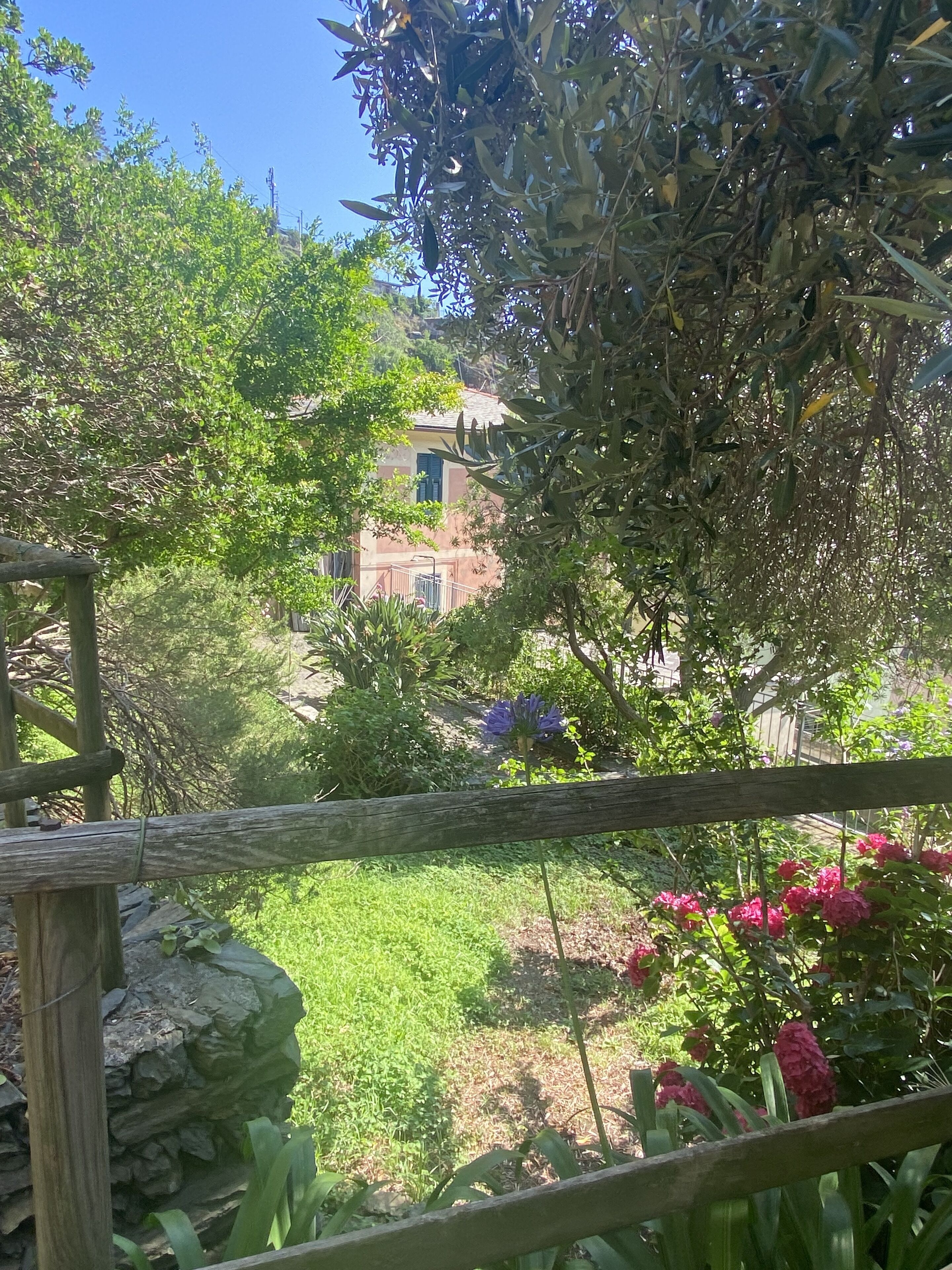 Um jardim com um muro de pedra, uma cerca de madeira e um edifício ao fundo.