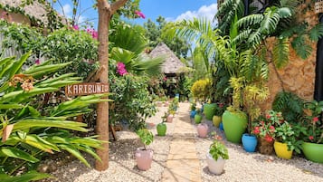 Um caminho no jardim leva a uma construção com telhado de palha, rodeada por diversas plantas em vasos e vegetação.