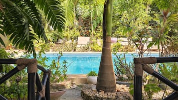 Piscina rodeada por vegetação exuberante e um caminho de pedra que a leva.