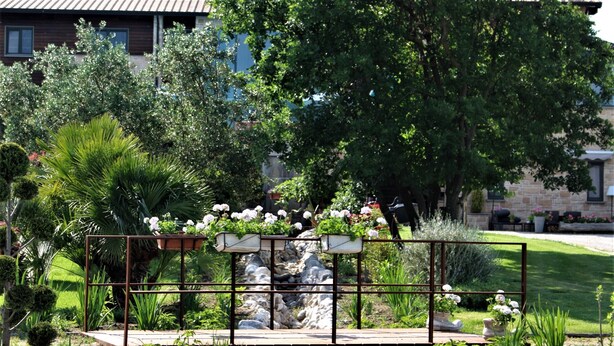 Um jardim com um vaso de metal e uma pequena ponte sobre um riacho, rodeado por diversas plantas e árvores.