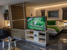 Uma sala de estar moderna com televisão de tela plana, sofá, mesa de centro e cama com roupa de cama verde.