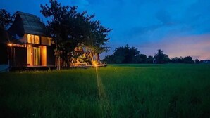Uma casa moderna com fachada de vidro, cercada por um campo verde exuberante, e uma árvore em primeiro plano.