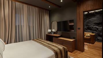 Um quarto moderno com uma cama grande, um aparador de madeira, uma penteadeira com espelho e uma parede de pedra.