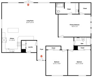 Planta baixa de uma casa com sala de estar, cozinha, área de serviço, dois quartos, banheiro e hall de entrada.