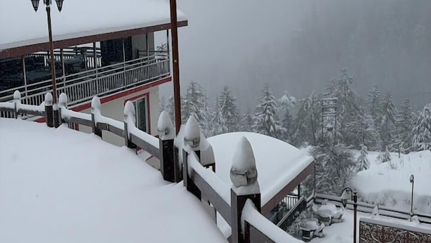 Área externa coberta de neve com um edifício, uma cerca de madeira e árvores com neve.