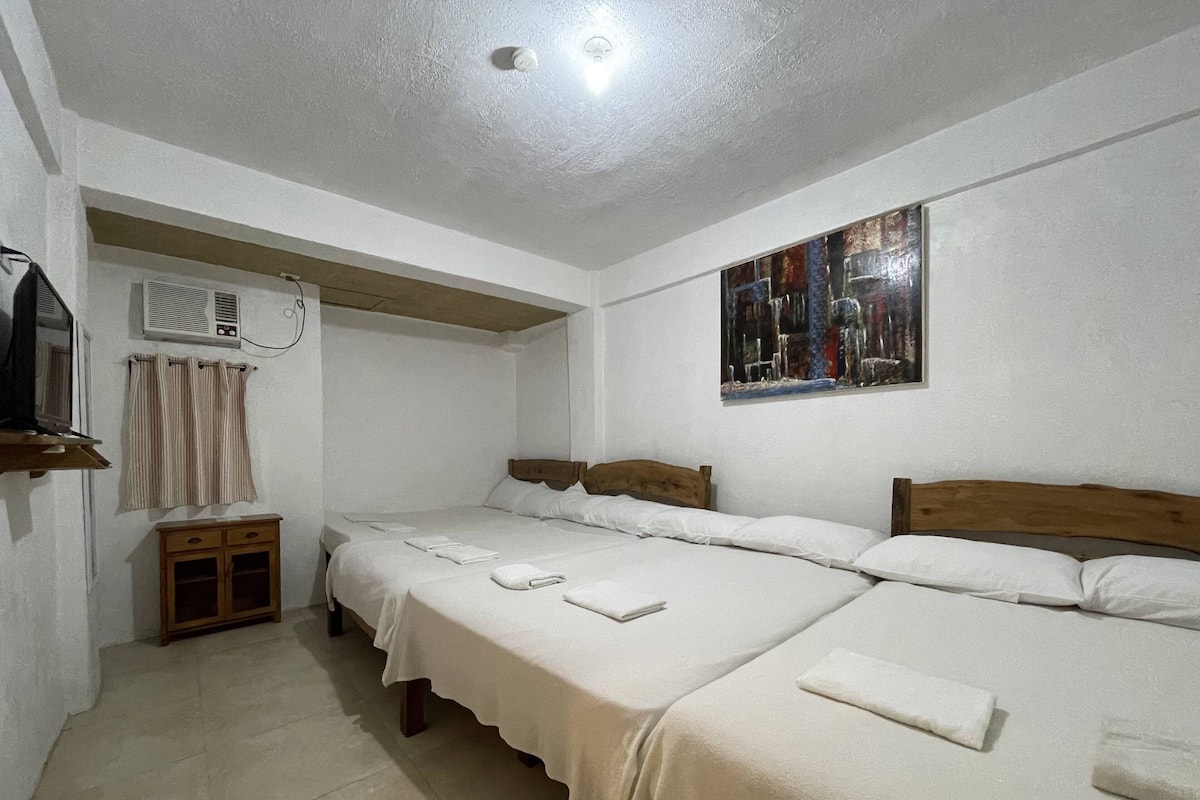 Quarto de hotel com duas camas, televisão, ar condicionado, pequeno armário e um quadro na parede.