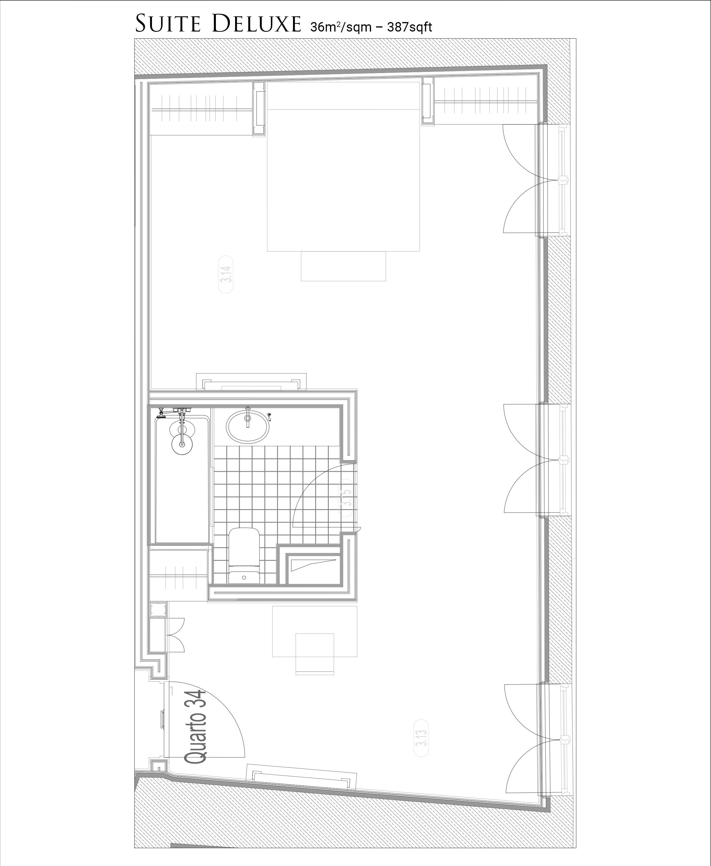 Planta baixa da Suite Deluxe, 36m2, com cozinha, banheiro e varanda.