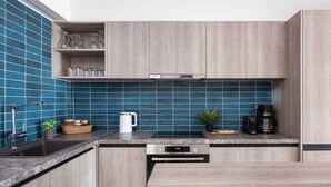 Uma cozinha moderna com máquina de lavar louça embutida, pia e bancada com cafeteira e uma planta.