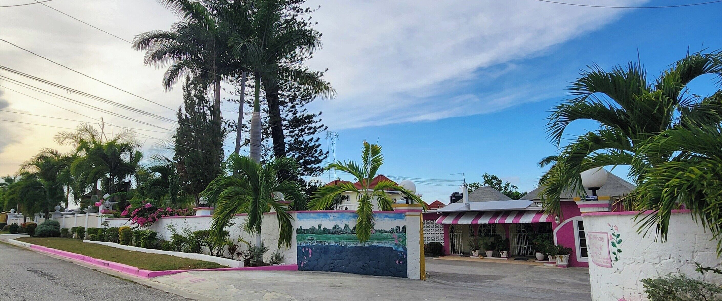 Uma entrada com portão, um mural, palmeiras e um edifício com fachada rosa e branca.