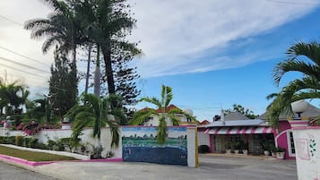 Uma entrada com portão, um mural, palmeiras e um edifício com fachada rosa e branca.