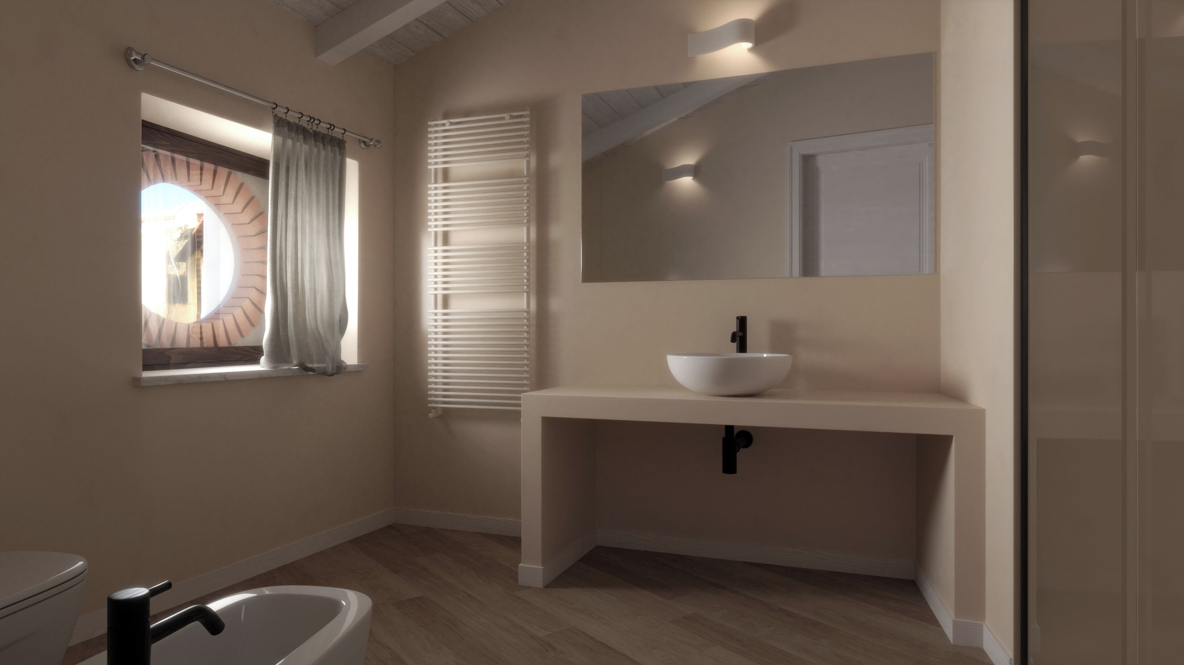 Uma casa de banho moderna com banheira, lavatório com Cuba e um espelho grande, e janela com persianas.