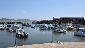 Uma marina com vários barcos atracados, um edifício ao fundo e um céu claro.