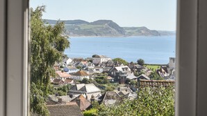 Uma cidade costeira com casas e vista para o mar.