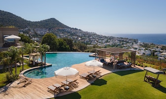 Área de piscina com espreguiçadeiras e guarda-sóis, cercada por um deck de madeira e um gramado, com vista para uma cidade costeira e colinas.