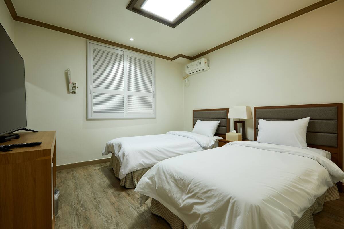 Quarto de hotel com duas camas, televisão e claraboia.