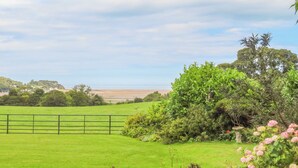 Um campo verde com cerca, árvores e vista para o mar.
