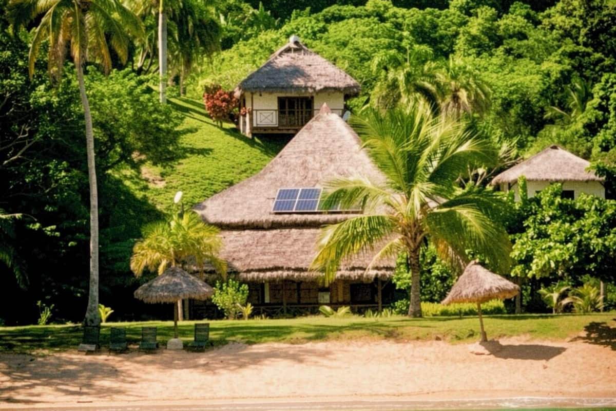 Um resort tropical com edifícios de telhado de palha, palmeiras e uma praia.