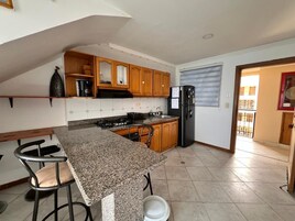 Apartamento família, 2 quartos, vista para o mar | Cozinha privada | Geladeira grande, cooktop, torradeira, panela elétrica de arroz