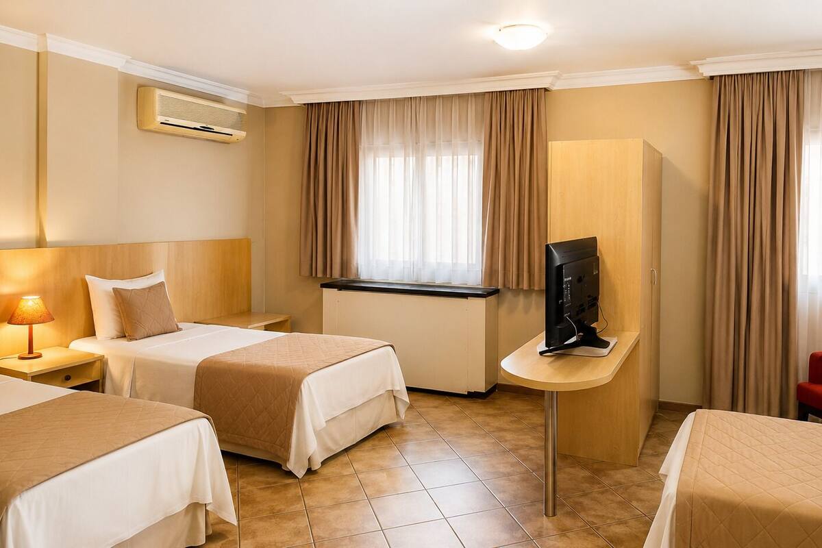 Quarto de hotel com duas camas, uma televisão sobre suporte, uma cadeira vermelha e um abajur.