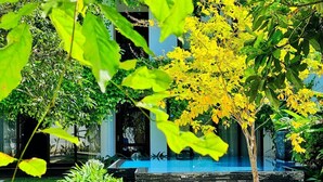 Área de piscina com espreguiçadeiras e um muro de pedra.
