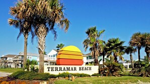 Placa de Terramar Beach com palmeiras e casas ao fundo.