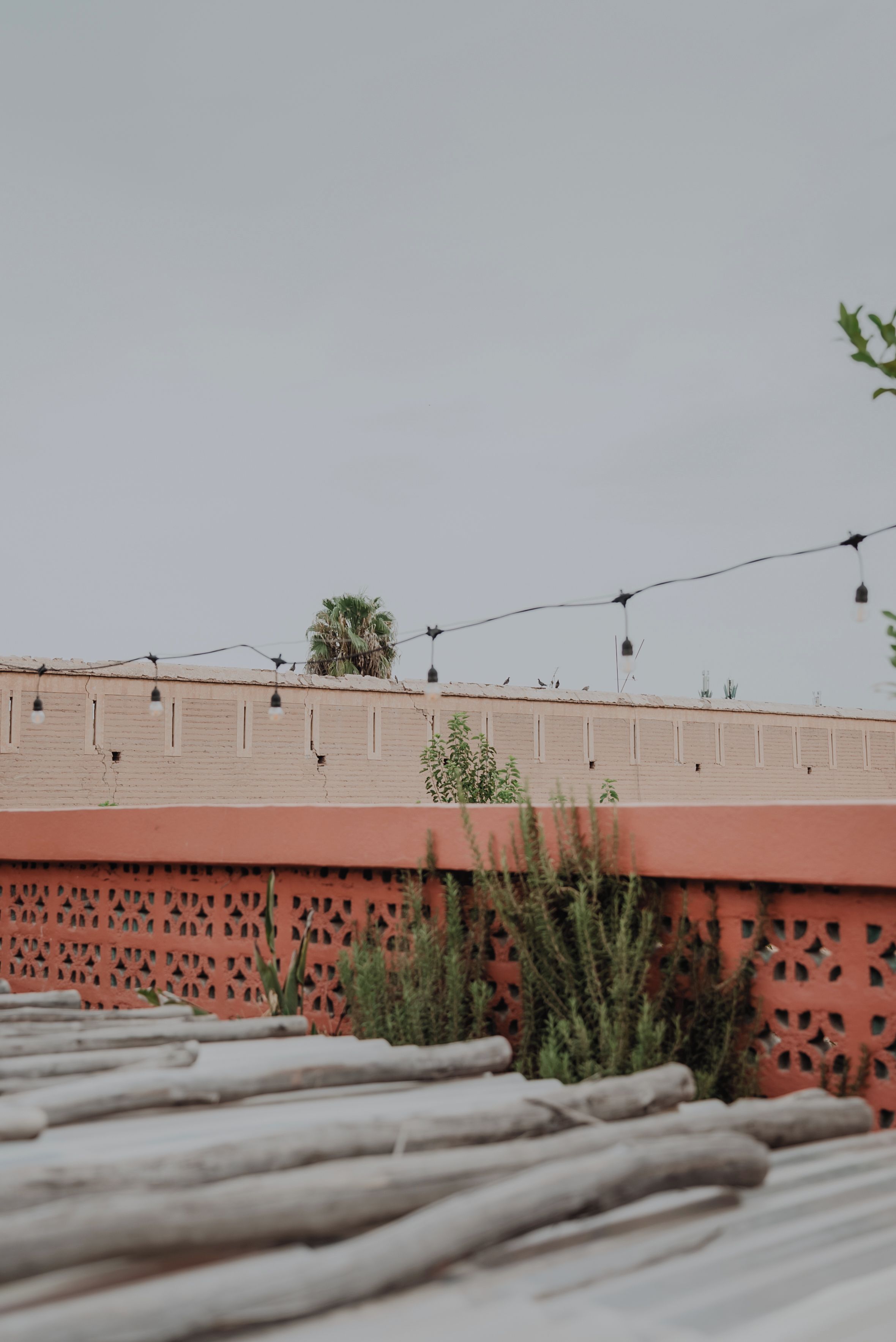 Terraço com parede de tijolos, luzes pendentes e vegetação.