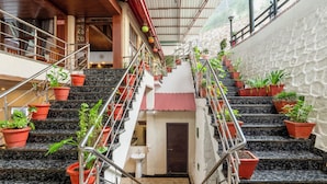 Uma escadaria com vasos de plantas, corrimão e um pequeno quarto na base.