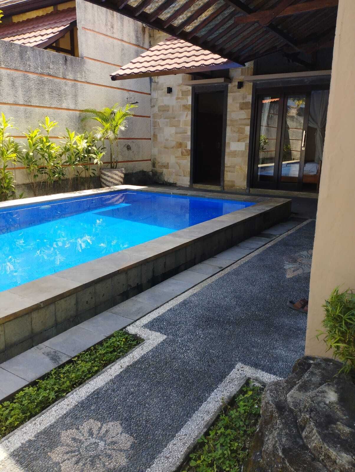 Piscina com parede de pedra e cobertura em azulejos, rodeada por plantas e um espaço pavimentado.
