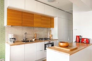 Apartamento | Cozinha privada | Um frigorífico/congelador grande, um forno, uma placa de cozinha