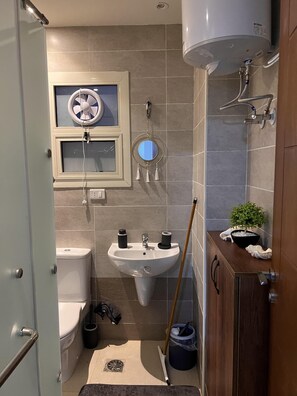 Casa de banho compacta com sanita, lavatório e chuveiro. Um ventilador e um espelho estão montados acima do lavatório, e uma pequena planta está no balcão.