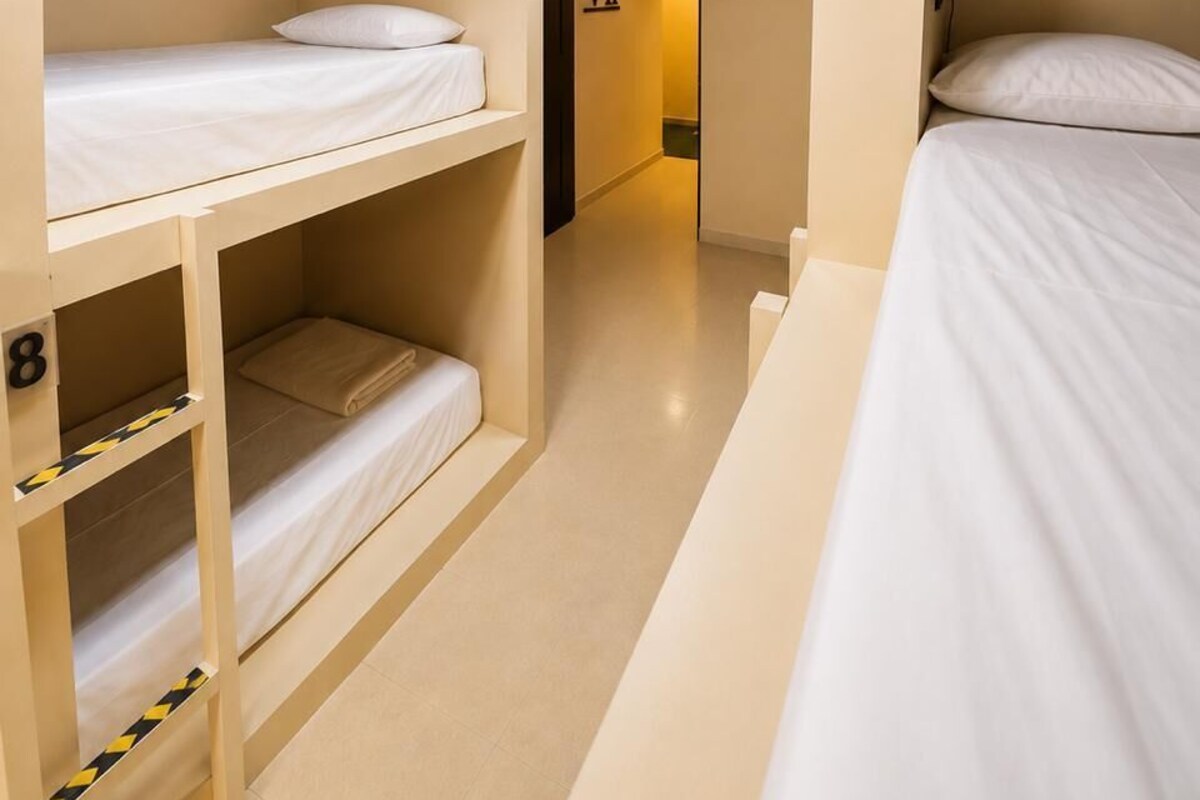 Dormitório Partilhado Básico, em dormitório misto, vista para a piscina, junto à piscina | Cortinas/cortinados opacos, Wi-fi grátis, roupa de cama fornecida 